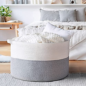Goodpick Large Basket 23.6"D x 14.2"H Jumbo Woven Basket Cotton Rope Basket Baby Laundry Basket Hamper with Handles for Cushions Blanket and Pillow Stroage in Living Room Toy Bins