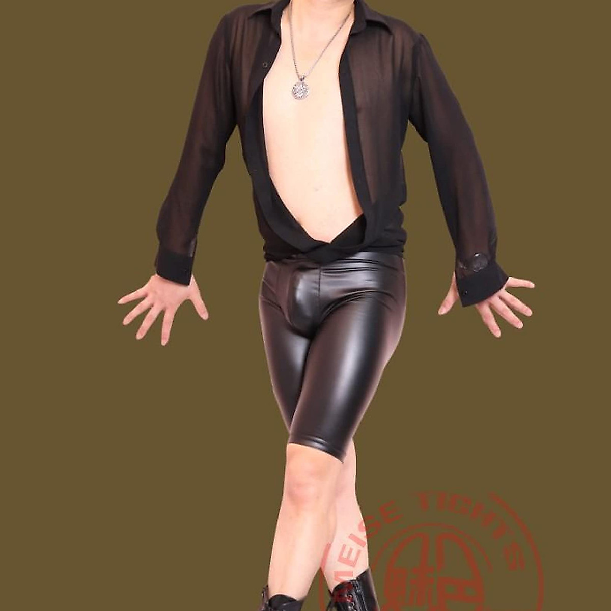 leesuo Men's Sexy Synthetic Latex Oil Shiny Faux PU Leather Pants Shorts Black