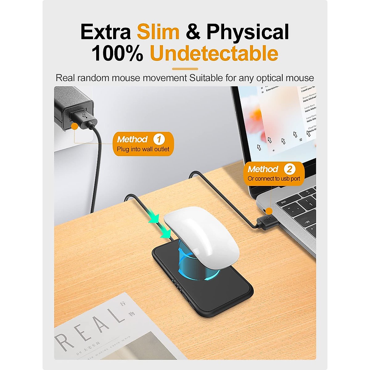 【Ultra-Slim Quiet】STARSIKI Undetectable Mouse Jiggler Interval Timer Adjustable, Mouse Mover with On/Off Switch, Automatic Device to Keep Moving Mouse Wiggler Shaker Clicker Random Movement DriverFree