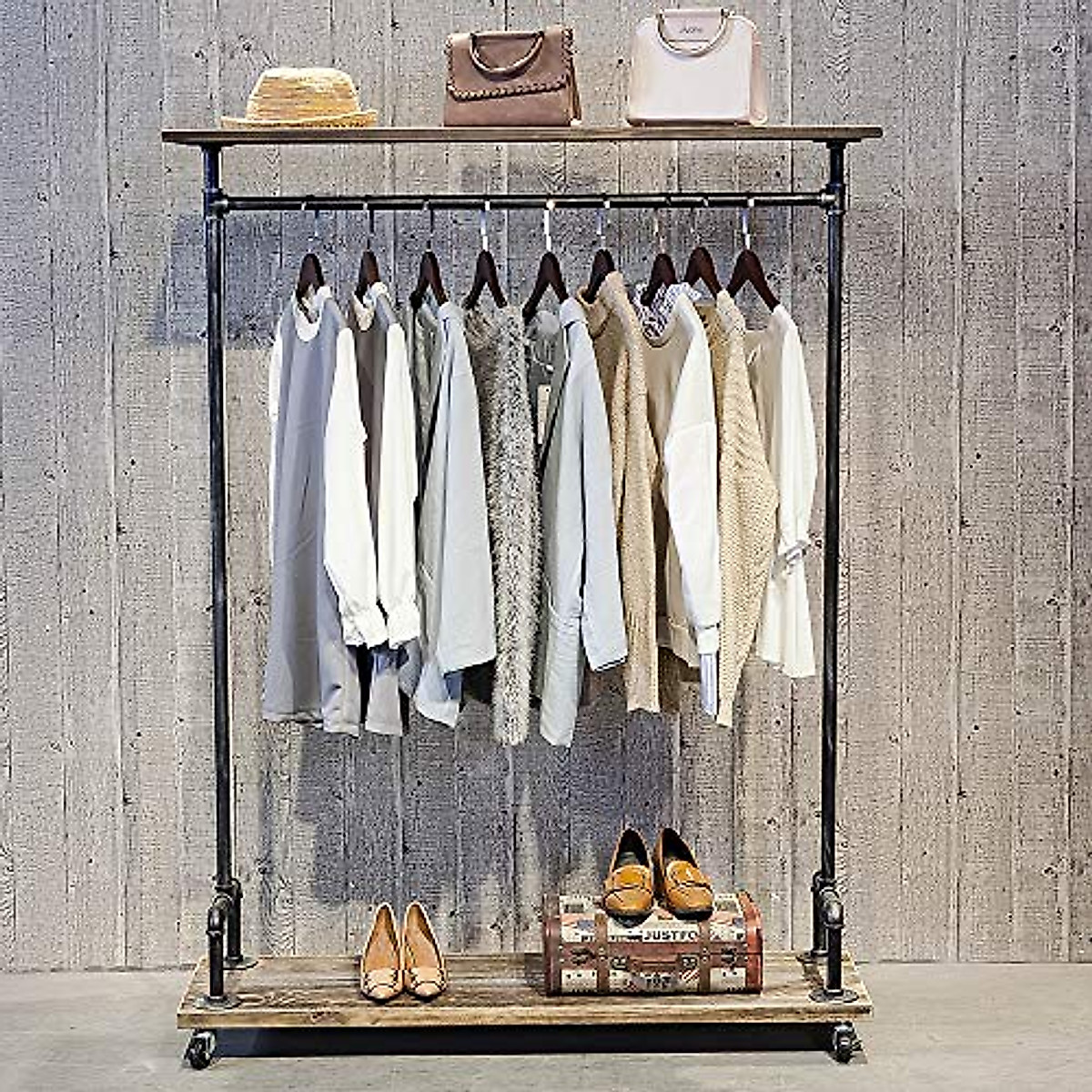 JIANZHUO Industrial Pipe Clothing Rack on Wheels,Retail Display Clothing Racks with Shelves,Vintage Rolling Rack for Hanging Clothes,Wooden Garment Rack with Wheels,Heavy Duty Clothes Rack Cloths
