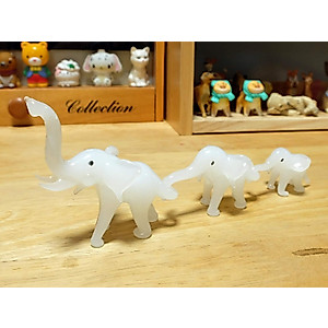 Handmade Set 3 Mini White Glass Elephant Blown Glass Art Wild Animal Collectible Figurines Figures Cool Stuff Ornament Miniature Gift Ideas for Anniversary Birthday Wedding Home Room Garden Decor No.2