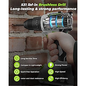 Cordless Drill, ETOOLAB Power Brushless Drill Set 45 Pieces, 531lbf.in Professional 3-in-1 20V Impact Drill Driver with 2.0Ah Battery