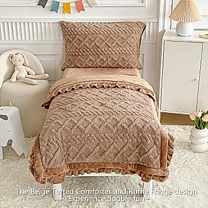 AIKASY Velvet Toddler Bedding Set 4 Piece -Jacquard Plush and Ruffled Fringe Comforter, Flat Sheet, Fitted Sheet and Pillowcase- Suitable for Boys and Girls （Coffee）