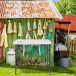 VINGLI Folding Fish Cleaning Table with 2 Sink, Outdoor Portable Camping Table with Grid Rack & Sprayer, Cutting Table with Drainage Hose Stainless Steel Faucet for Patio Backyard BBQ