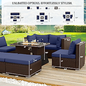 BULEXYARD High Back Brown PE Rattan Outdoor Patio Furniture Set with Propane Fire Pit Table, Large Wicker Outside Sectional Furniture Sofa Conversation Sets for Backyard(Navy Blue, 9Pcs)