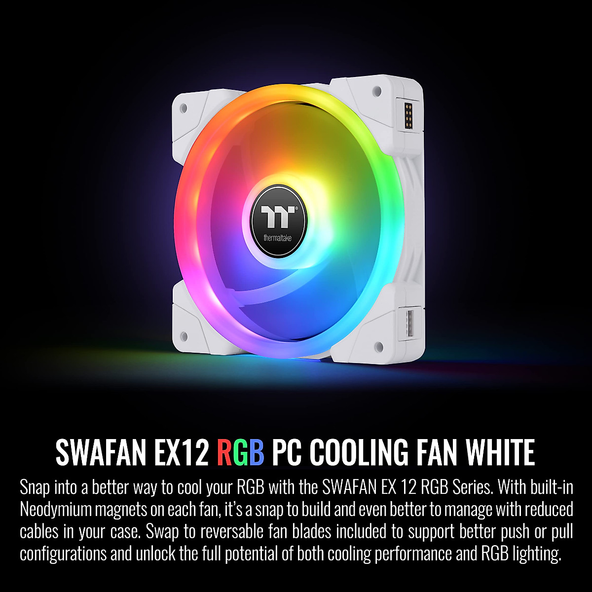 Thermaltake SWAFAN EX 12 RGB PC Cooling Fan White, 500-2000 RPM, Magnetic Connection, Reversable Blades, Controller Included, CL-F161-PL12SW-A, Desktop, 120mm, 3 Pack