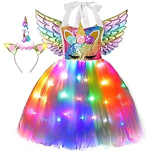 Cuteshower Unicorn Tutu Costume for Girls Halloween LED Light Unicorn Dress Birthday Party Outfit Princess Dress with Wings Rainbow 3-4Years