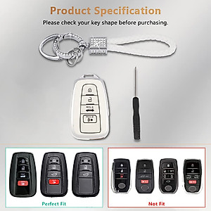 PIFOOG Key Fob Cover for Toyota Camry RAV4 Corolla C-HR Avalon Highlander Prius Smart Keys Case Shell Protector Bling Keychain Accessories 4 Button TPU Girly Women White Silver