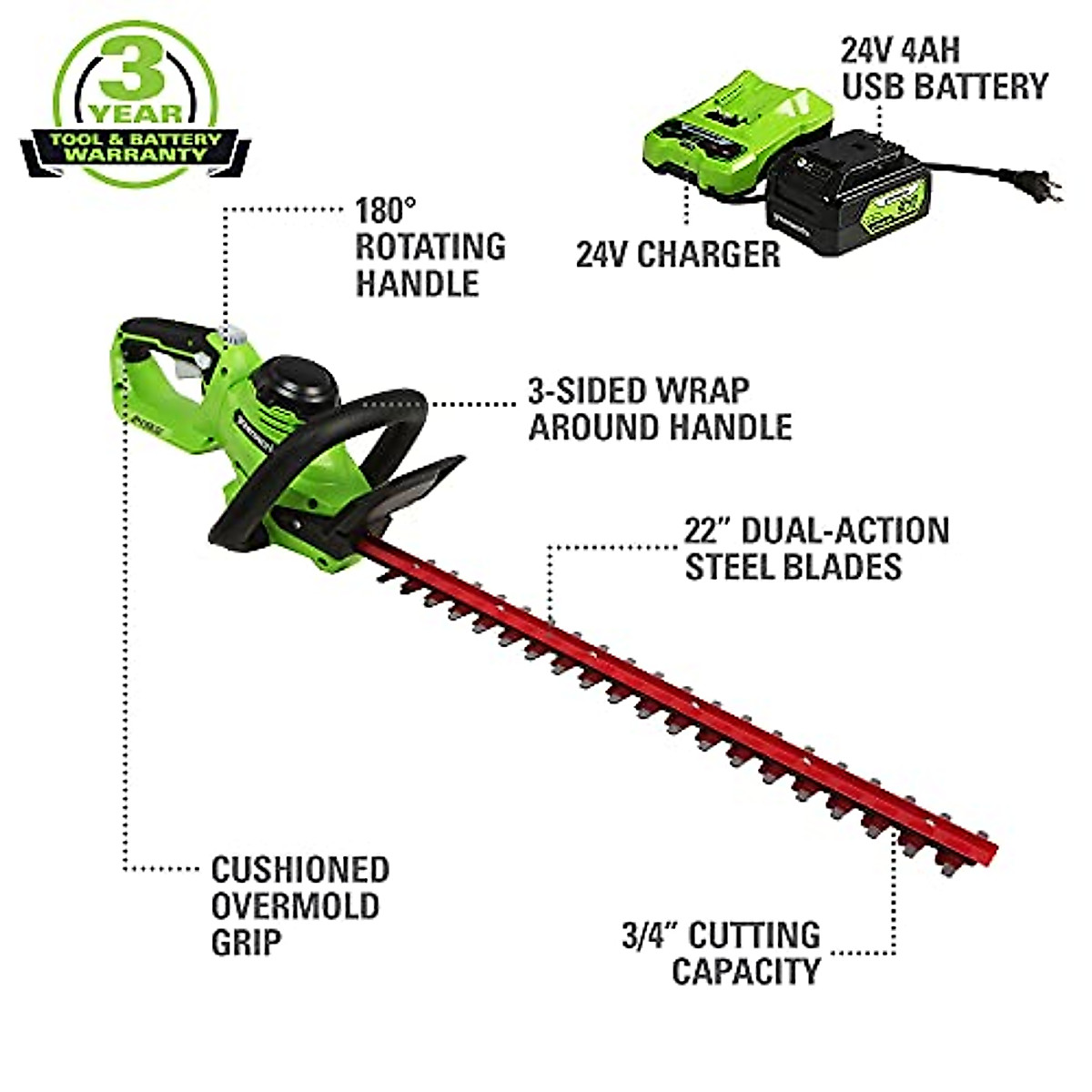Greenworks 24V 22" Cordless Laser Cut Hedge Trimmer, 4.0Ah USB Battery and Charger Included
