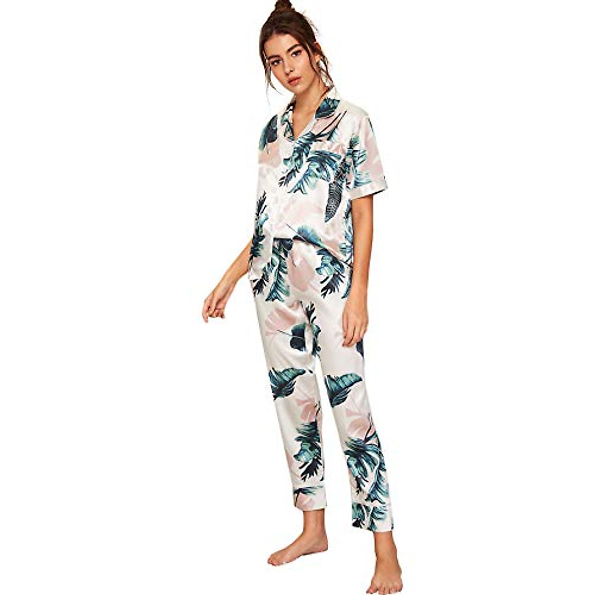 Floerns Women's Printed Two Piece Short Sleeve Sleepwear Long Pants Pajamas Sets A White S