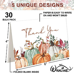 Whaline 30 Pack Fall Thank You Cards Bulk Watercolor Autumn Leaves Pumpkin Thank You Note Cards with Kraft Envelopes Stickers for Wedding Thanksgiving Harvest