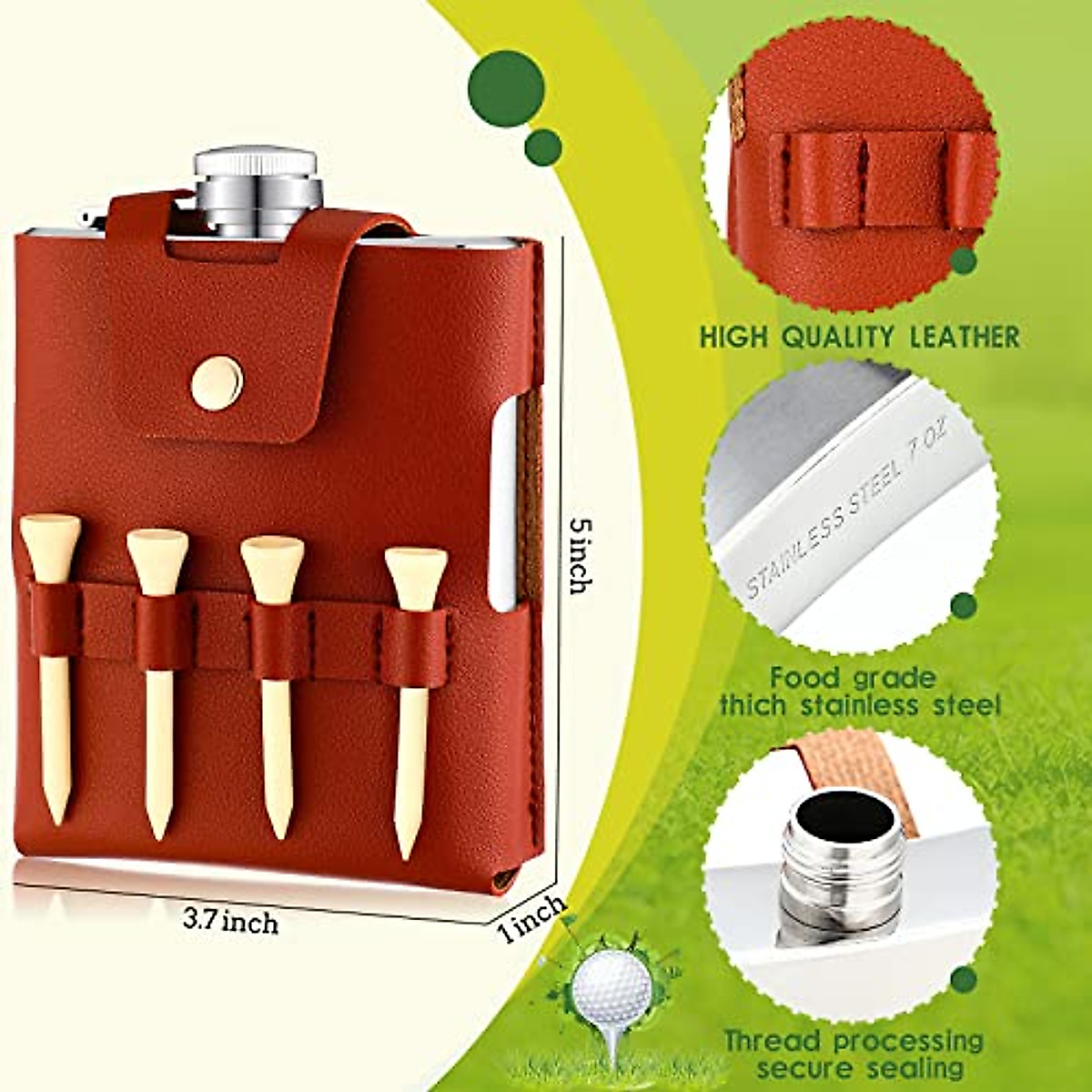 Golf Flask Gift Set 7 oz Stainless Steel Golf Flask with Leather Case Golf Accessories for Men and Women Includes Drinking Flasks Divot Tool Ball Marker and 4 Golfer Tees