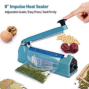 8 inch 200mm Impulse Bag Sealer, Manual Bag Sealer Heat Seal Closer, Adjustable Timer Electric Heat Seal Closer Packaging Sealer with 2 Free Replacement Kit, Blue