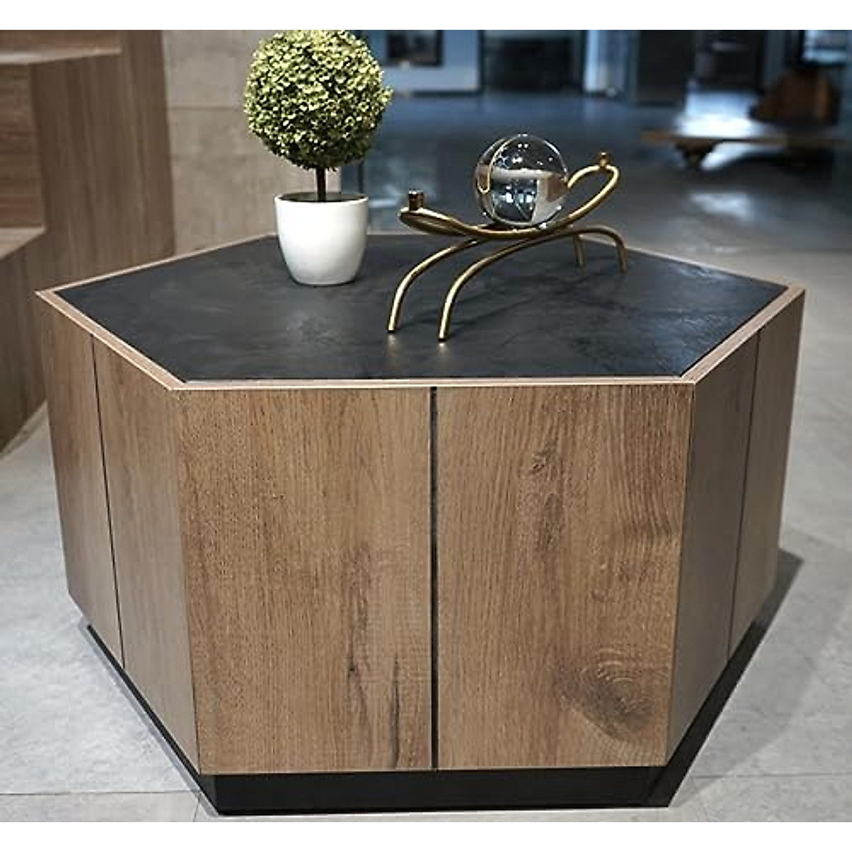 LKTART Hexagonal Rural Style Garden Retro Wood Coffee Table Cocktail Table with 2 Drawers Reception and Living Room Textured Grey Warm Oak