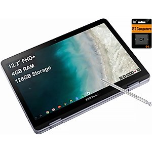 SAMSUNG Chromebook Plus V2 360 12.2" FHD+ 2-in-1 Touchscreen w/Dual Webcam (Intel Celeron 3965Y, 4GB RAM, 128GB (64GB eMMC+64GB SD Card), Stylus Pen) Home & Education Laptop, IST SDCard, Chrome OS