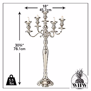 WHW Whole House Worlds Hamptons Five Taper Candle Silver Candelabra, Hand Crafted of Silver Aluminum Nickel, 2.5 Feet High, (30.75 Inches)