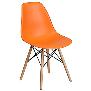 Flash Furniture 2 Pack Elon Series Orange Plastic Chair with Wooden Legs for Versatile Kitchen, Dining Room, Living Room, Library or Desk Use
