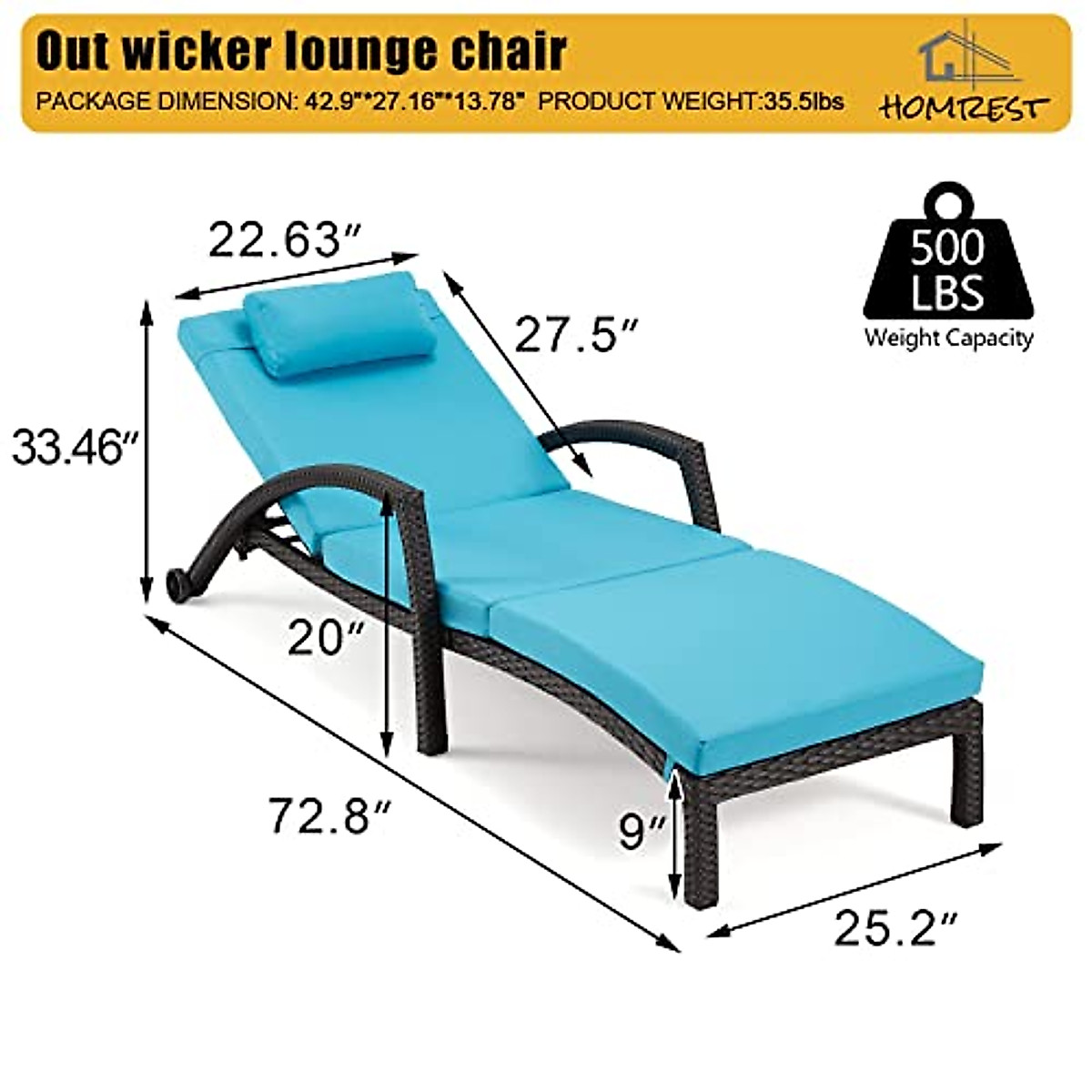 HOMREST Outside Chaise Lounge Chairs Set of 2, Adjustable 6 Position Outdoor PE Rattan Wicker Patio Pool Lounge Chair with Cushion, Arm, Pillow and Wheels for Poolside Backyard Deck Porch Garden