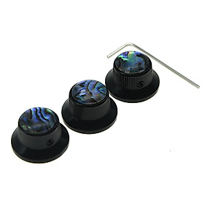 KAISH Set of 3 Set Screw Abalone Top Black Guitar Bass Knobs Strat Metal Knobs for 6mm Shaft Pots