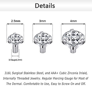 ZS 14-15Pcs Stainless Steel Dermal Piercing Jewelry 16G Diamond CZ Dermal Anchor Tops Skin Microdermal Piercing Jewelry for Men Women (B)
