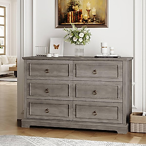 HOSTACK 6 Drawer Double Dresser, Modern Farmhouse Chest of Drawers, Wide Dressers Organizer, Accent Wood Storage Cabinet for Living Room, Hallway, Ash Grey
