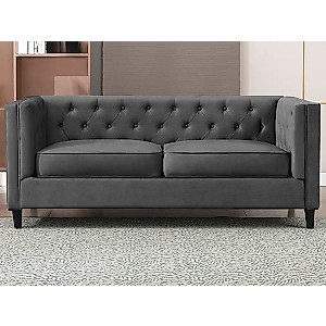 BALUS Button Tufted Upholstered Sofa, Modern Velvet Couch with Solid Wood Construction, Classic Chesterfield, 2 Seater Sofa Couch, Couches for Living Room/Apartment/Office/Bedroom Furniture,Dark Grey