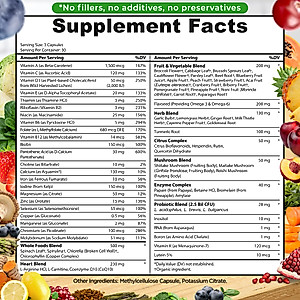 Vegan Whole Food Multivitamin with Iron, Daily Multivitamin for Women and Men, Made with Fruits & Vegetables, B-Complex, Probiotics, Enzymes, CoQ10, Omegas, Turmeric, Non-GMO, 90 Count