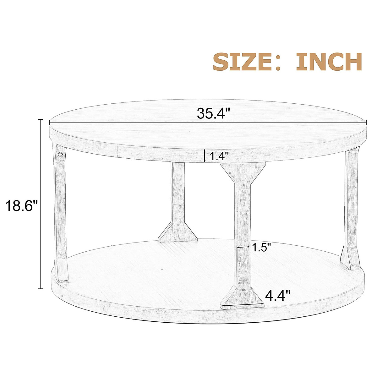 P PURLOVE Round Rustic Coffee Table, Wood Storage Shelf for Living Room with Dusty Wax Coating 35.4 Inch, Grey Wash