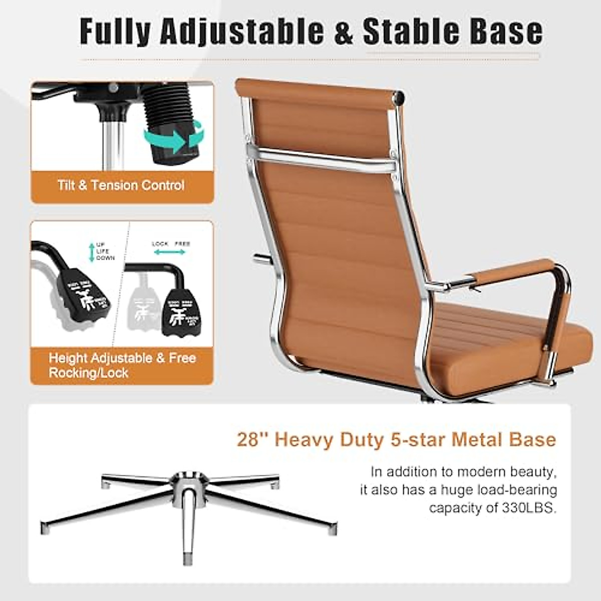 Okeysen Office Desk Chair, Ergonomic Leather Modern Conference Room Chairs, Executive Ribbed Height Adjustable Swivel Rolling Chair for Home Office. (Brown)