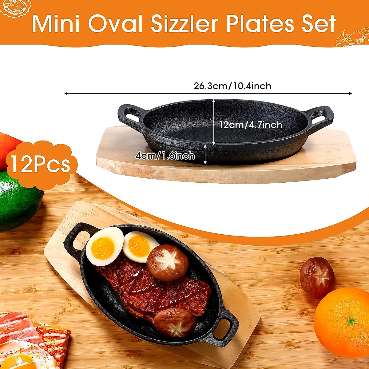 Mifoci 12 Sets Cast Iron Skillet with Wooden Base Mini Cast Iron Fajita Plates Oval Dish Tray Serving Sizzling Plate Cast Iron Pan for Baking Roasting Cooking Kitchen Restaurant,8.7 x 4.7 x 1.6 Inch