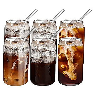 Infankey Glass Cups with Glass Straw 6pcs Set - Beer Can Shaped Drinking Glasses, 16 oz Iced Coffee Glasses, Cute Tumbler Cup for Smoothie, Boba Tea, Whiskey, Juice, Water - 1 Cleaning Brushes