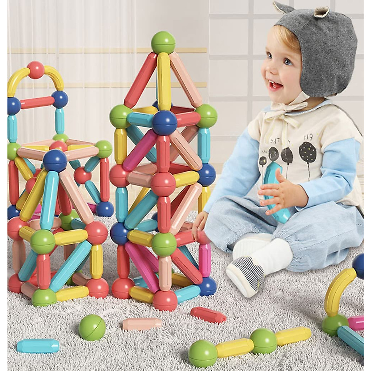 fengyang 64 PCS DIY Magnetic Balls and Rods Set Building Sticks Blocks Vibrant Colors Different Sizes Curved Shapes Children Educational Stacking STEM Magnet Toys for Kids Age 3+…