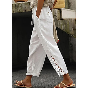 Acelitt Women Casual Linen Pants Lightweight Drawstring Elastic Waist Fall Fashion 2025 Beach Capri Pants Trousers White Large