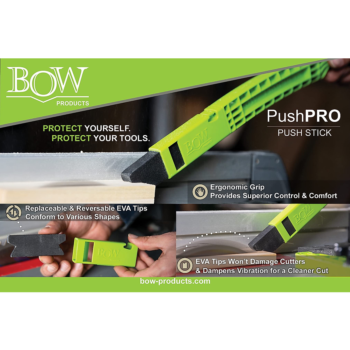 BOW Products PushPRO PP1 - Push Stick for Table Saws - EVA Tipped Push Block That Reduces Vibrations and Improves Material Grip - Woodworking Tools and Safety Accessories