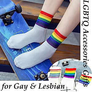 Ronglry 6Pairs Rainbow Striped Socks for Women Men Pride Crew Socks Colorful Novelty Cotton Socks Rainbow Pride Socks High Rainbow Funny Socks for Pride Sport Athletic Socks Rainbow Tube Socks Gifts-A