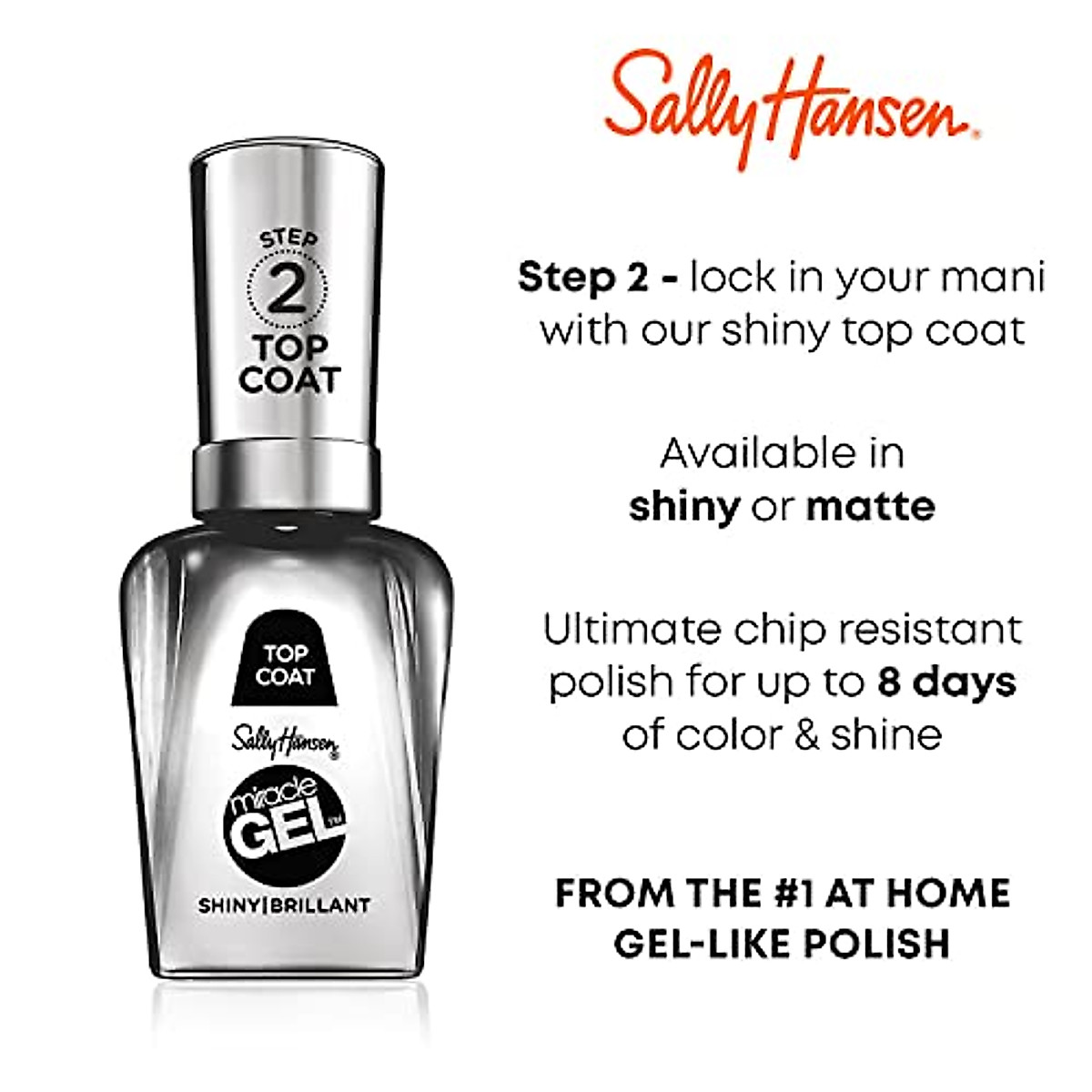 Sally Hansen Miracle Gel Nail Polish Shiny Top Coat, 101 Miracle Gel 3.0 Shiny Top Coat, 0.5 Fl Ounce