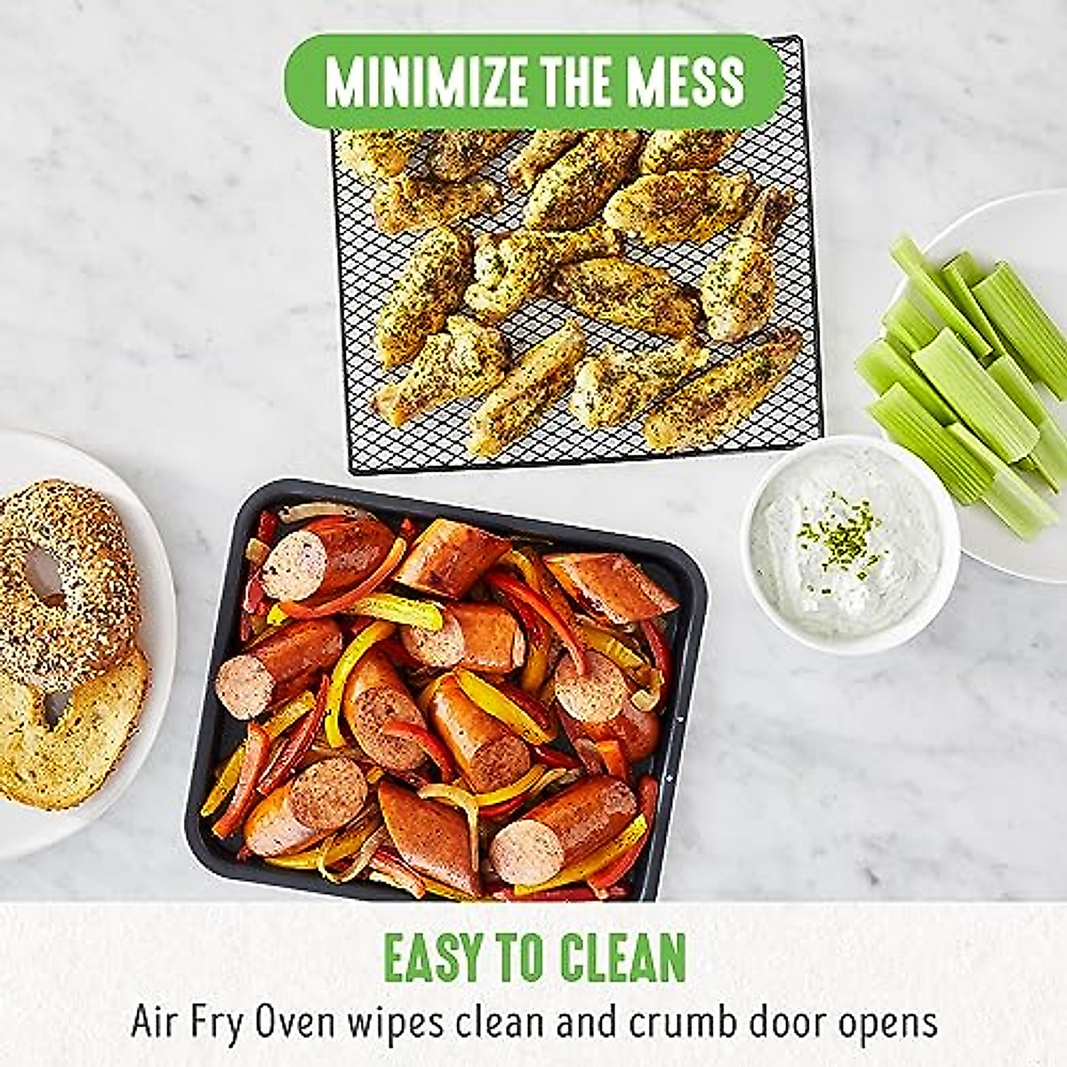 GreenLife Countertop Stainless Steel Toaster Oven Air Fryer, PFAS-Free, Ceramic Nonstick Tray Rack Airfry Basket, Dual Heating,4 Slice Capacity,Adjustable Temperature & Time Control,Black