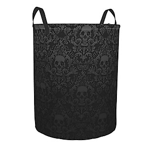 Waterproof Goth Gothic Black Skull Damask Circular Hamper Round Laundry Baskets Foldable Laundry Bags For Family/Kids/Bathroom/Bedroom/Dorm Medium