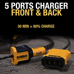 DEWALT 5-Port Front & Back Seat Mobile USB PD Car Charger, 72W Car Charger Adapter, USB Car Charger for Multiple Devices, Cigarette Lighter Adapter USB Charger with Cable for Back Seat Charging