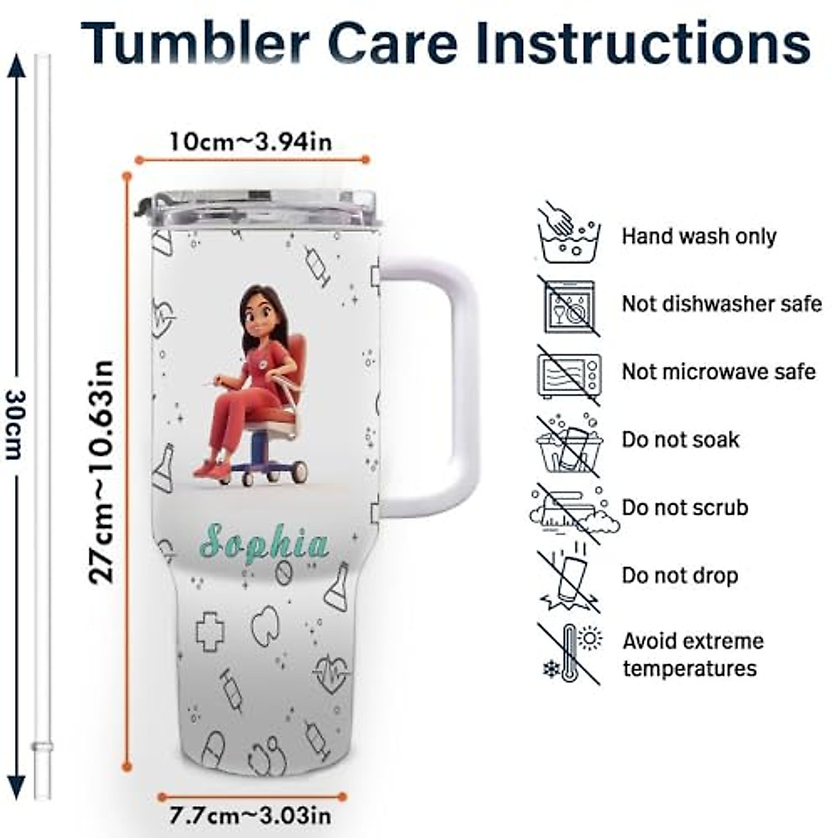 Personalized Nurse Tumbler 40oz -nurse medical furniture tester-Custom Name Insulated Travel Mug with Handle & Straw, Gift for Nurses, Medical Workers, Appreciation, Mother's Day wHoTs6