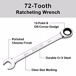 Jetech 21mm Ratcheting Combination Wrench, Industrial Grade Gear Spanner with 12-Point Design, 72-Tooth Ratchet, Made with Forged and Heat-Treated Cr-V Steel in Chrome Plating, Metric