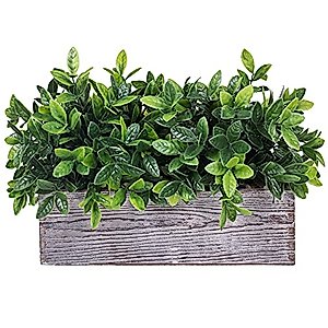 Artificial Eucalyptus Plant in Rustic Rectangular Wooden Planter Box Faux Potted Herb Plant Greenery Arrangement for Farmhouse Indoor Wedding Table Centerpiece Mantel Shelf Kitchen Decor