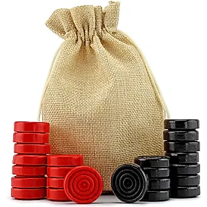 Attatoy Black & Red Carved Stackable Wooden Checkers (24 Pieces); with Drawstring Cloth Storage Bag