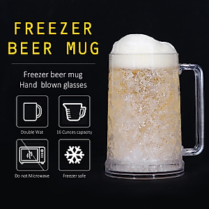 Patiomos Drinking Glasses Cups, Double Wall Gel Freezer Beer Mugs, Freezer Ice Mugs Cups, 16oz, Plastic Cooling Beer Mug Clear Set of 3 (Clear)