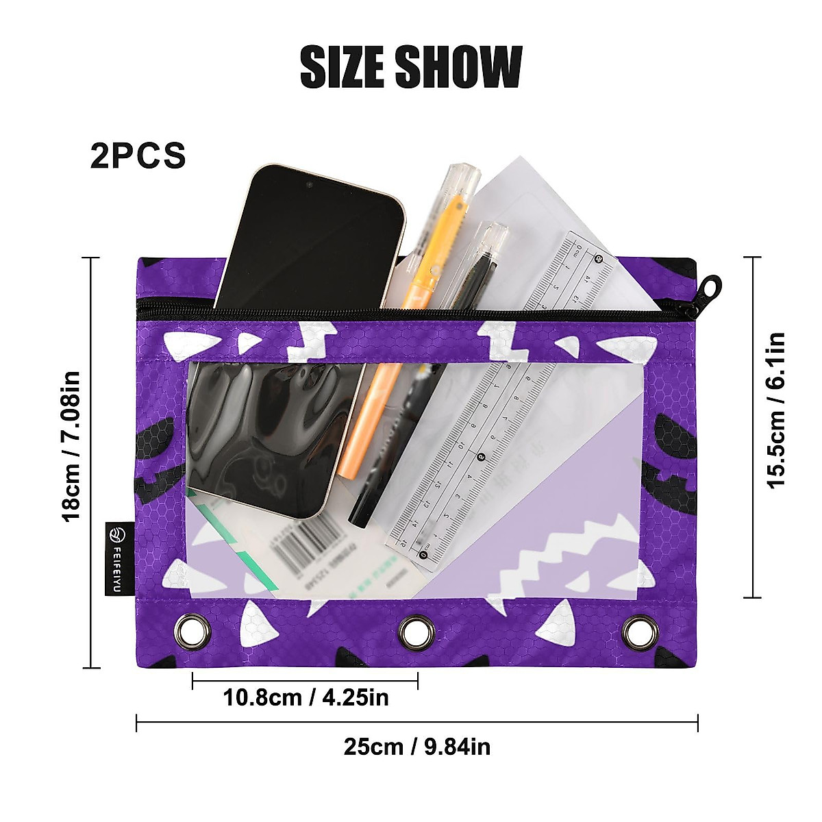 MCHIVER Halloween Face Purple Pencil Pouch for 3 Ring Binder Pencil Case with Zipper Clear Window Pencil Bags for Office Daily 2 Pack