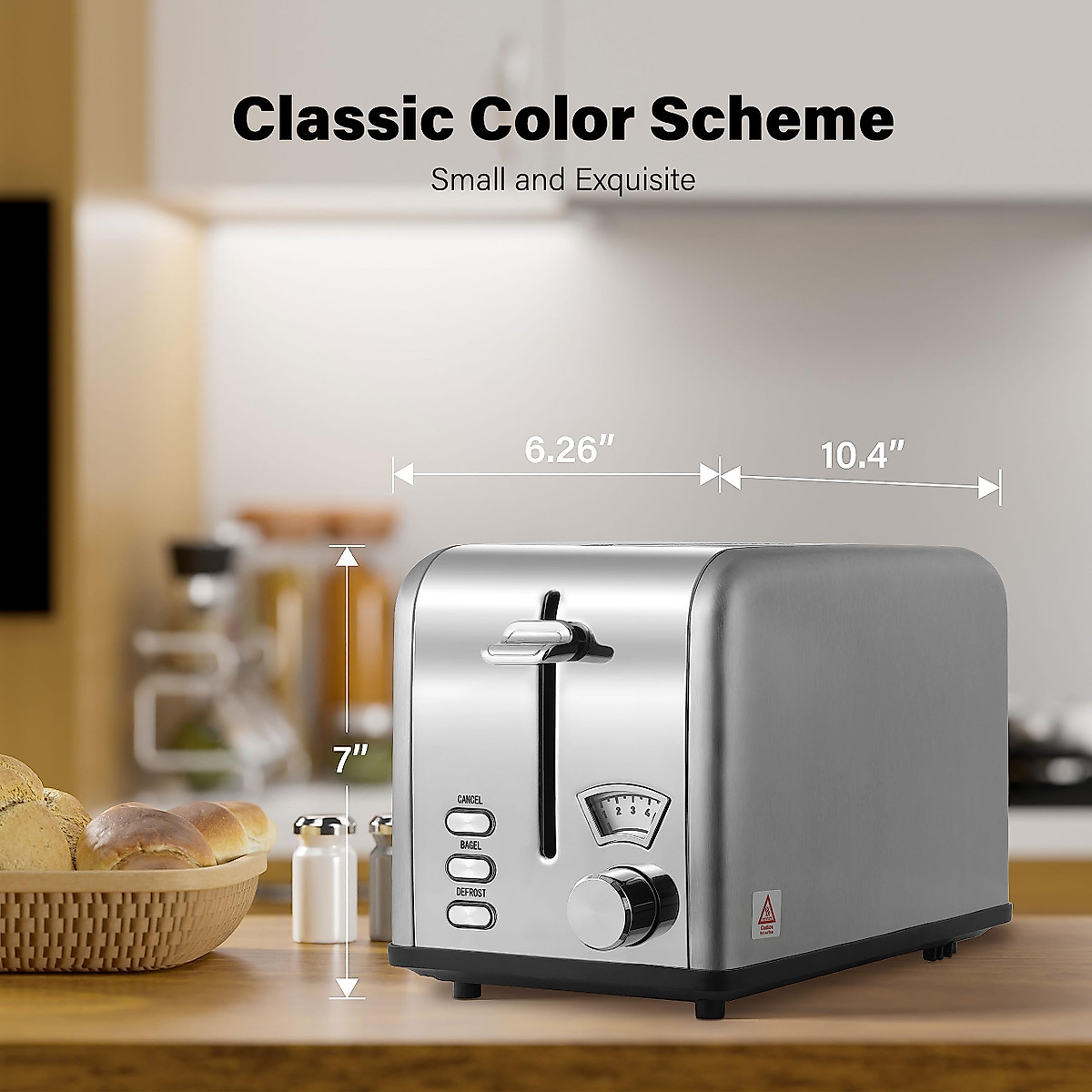 Simple Deluxe 1.5" Wide Slot 2-Slice Toaster, 5 Browning Setting and 3 Function, Retro Stainless-Steel Style, Removable Crumb Tray, Kitchen Essentials, for Bagel, Silver