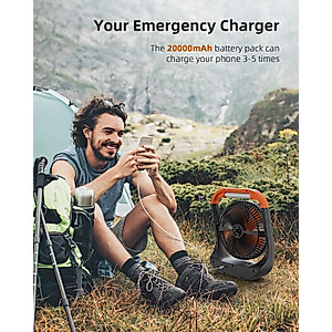 Koonie 8in 20000mAh Camping Fan with Timer, LED Lantern and Hook, 90hrs Rechargeable Battery USB Fan with 4 Speeds, 350°Head Rotation, Desk Table Fan for Bedroom, Outdoor, Tent, Travel, Picnic