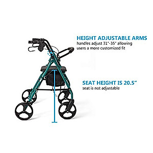 Medline Standard Steel Folding Rollator Walker with 8" Wheels, Supports up to 350 lbs, Green