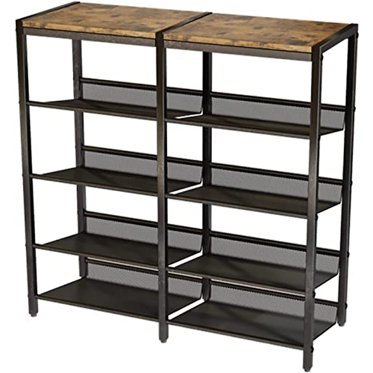 AWQM 5 Tier Shoe Rack Organizer,Industrial Closet organizer,Holds 12-15 Pairs of Shoes,Stackable Shoe Shelf with 4 Metal Mesh Shelves /Wood Tabletop,Coset Shelf for Entryway, Hallway, Closet, Brown