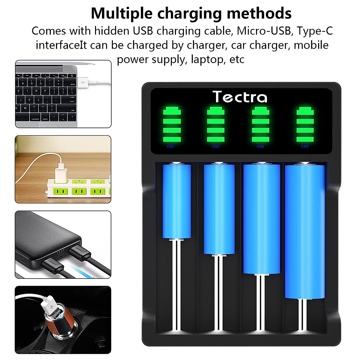 18650 Battery Charger, Tectra Universal Smart LED Charger for Rechargeable Li-ion Batteries 18650 26650 18490 17670 17500 16340 14500, Ni-MH Ni-Cd A AA AAA AAAA Batteries